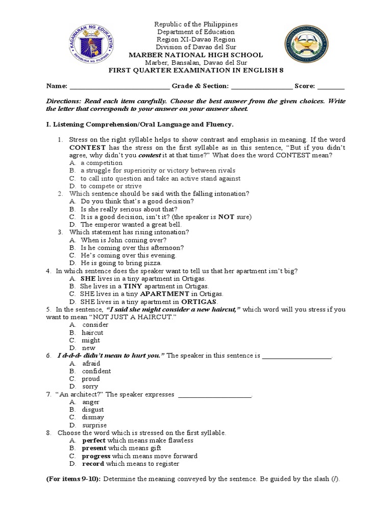 1st Periodic Test English 8 | PDF | Stress (Linguistics) | Rama