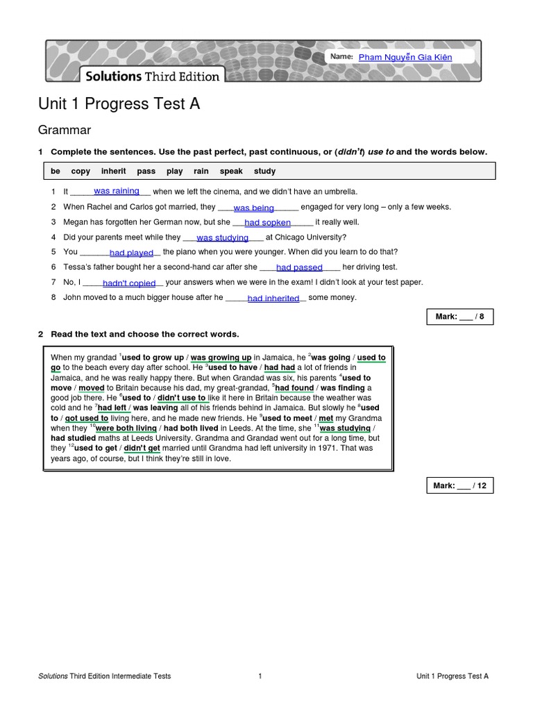 Sol3e Int U1 Progress Test A Pdf