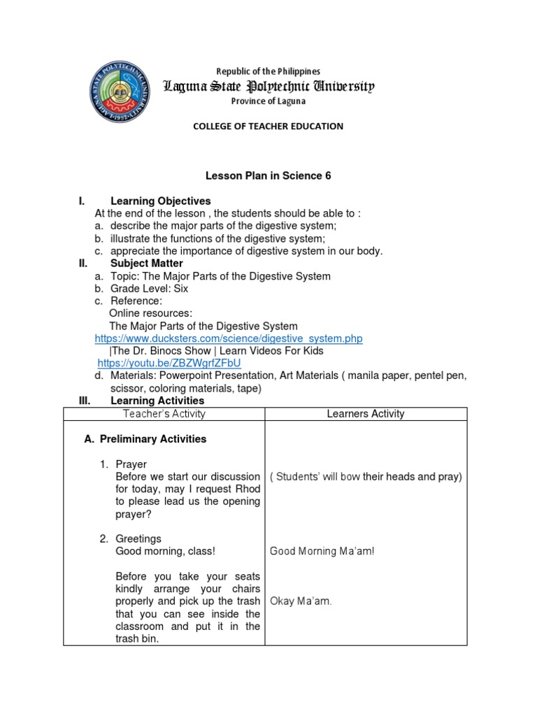 Detailed Lesson Plan in Science 6 - METV | PDF | Digestion | Bile