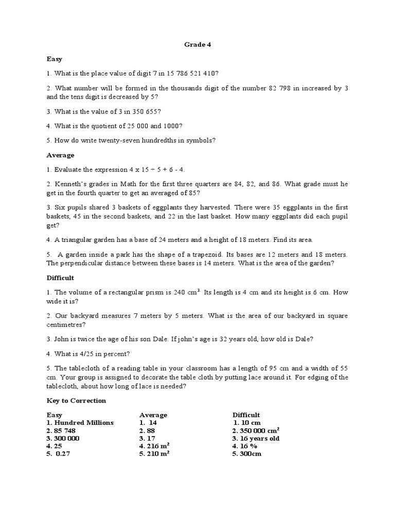 Grade 4 Mathematics Questions & Answers | PDF