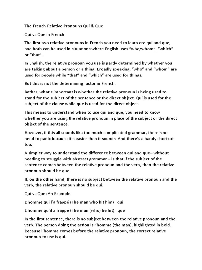 Qui and Que | PDF | Subject (Grammar) | Pronoun