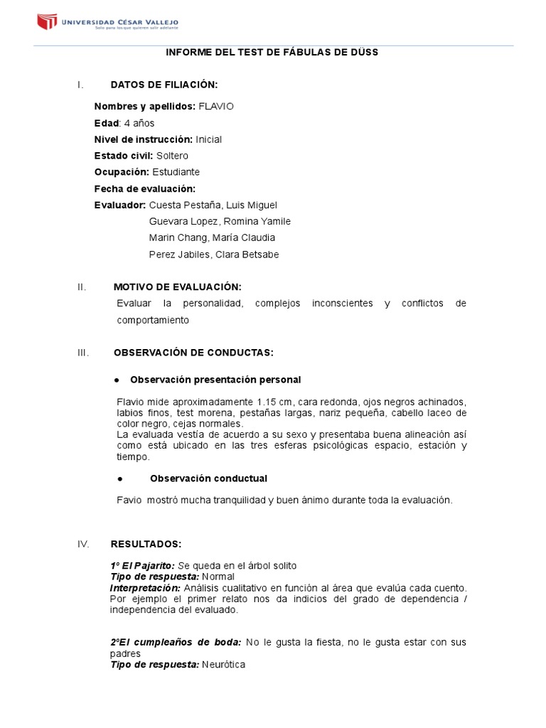 Informe de Test de Fábulas de Duss | PDF | Complejo de Edipo | Neurosis