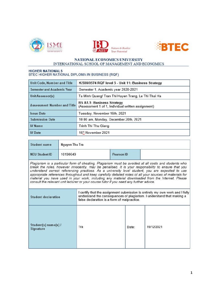 Business Strategy - Final Assignment - BTEC HND Level 5 - Semester 2021 ...