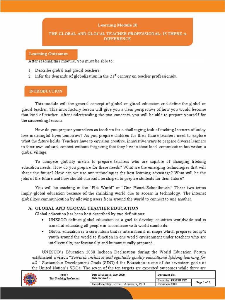 Module 10 The Global and The Glocal Teacher Professional Is There A Difference | PDF | Learning ...