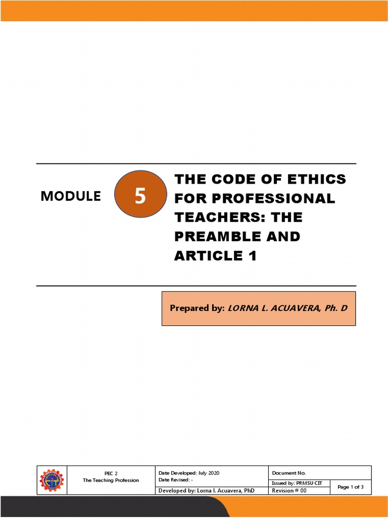 Module 5 The Code of Ethics For Professional Teachers The Preamble and ...