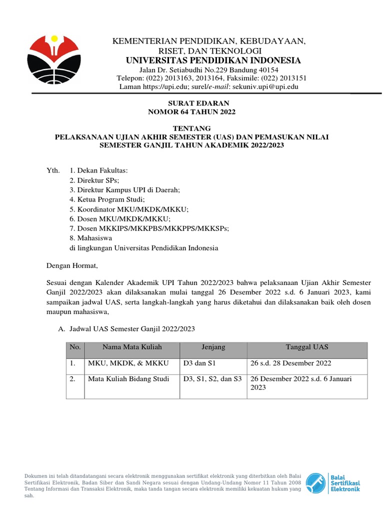 Surat - Edaran - PELAKSANAAN UAS & PEMASUKAN NILAI - SEMESTER GANJIL 2022-2023 | PDF