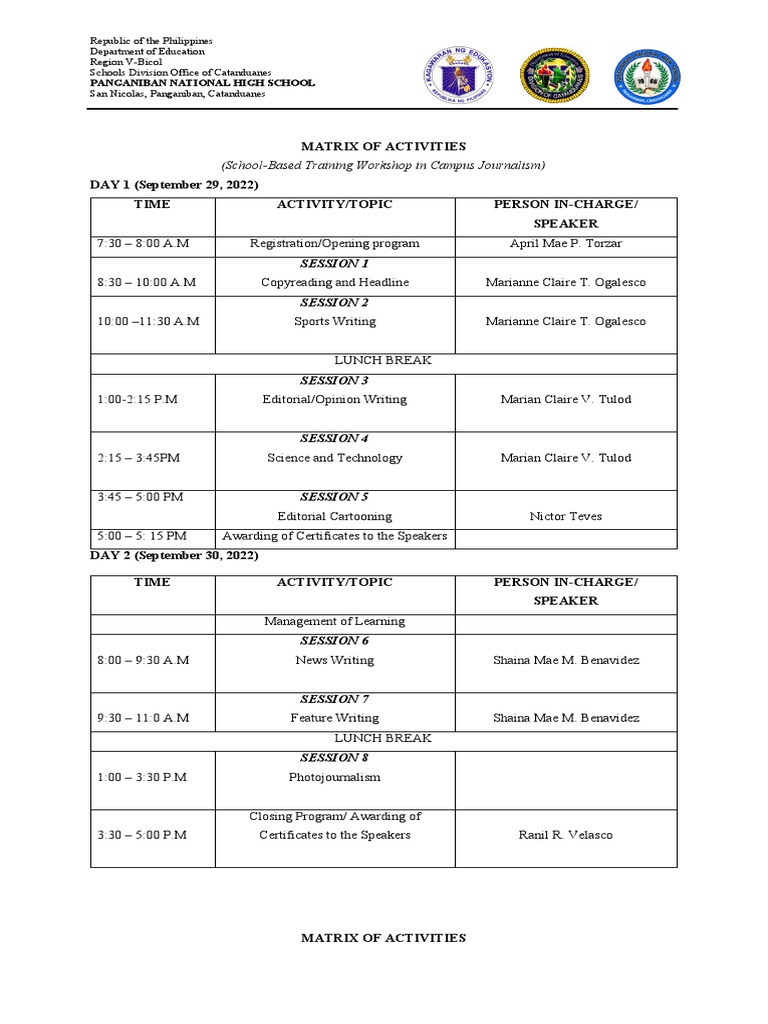 MATRIX OF ACTIVITIES - Journalism | PDF | News | Journalism