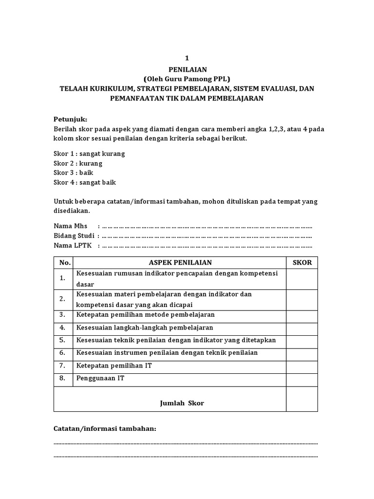 Instrumen Penilaian PPL Oleh Guru | PDF