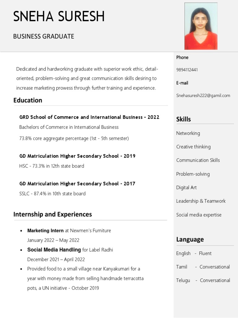 Sneha Suresh-CV | Download Free PDF | Communication
