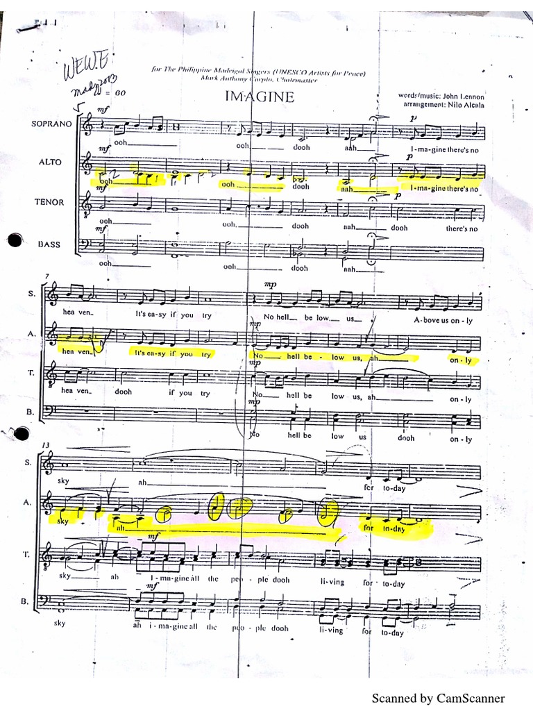Imagine SATB Arrangement by Nilo Alcala | PDF