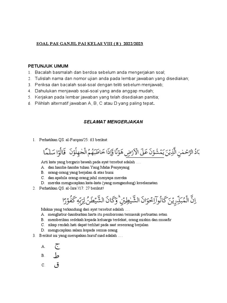 Soal PAS Ganjil PAI Kelas VIII (8) 2022/2023 | PDF