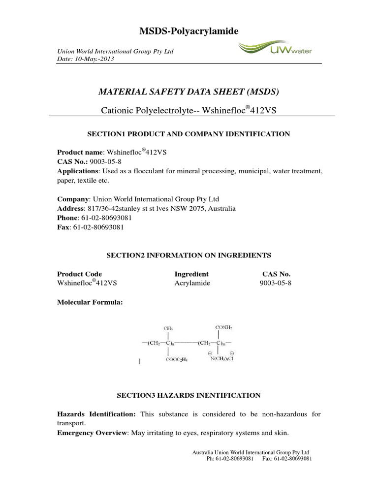 Cationic Polyelectrolyte UW-MSDS 412VS | PDF | Personal Protective Equipment | Firefighting