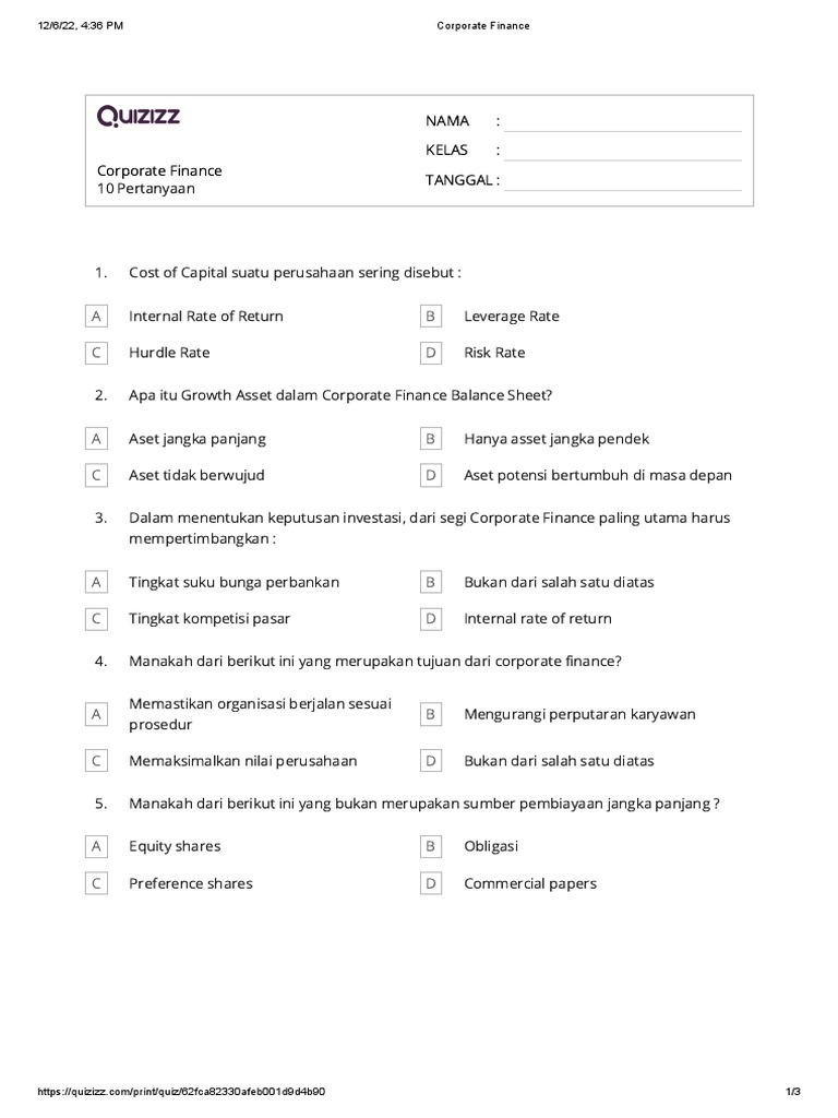 Corporate Finance Quiz 2 | PDF