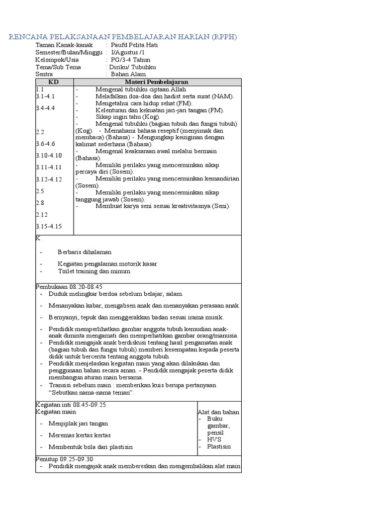 RPPH Agustus 1 Paud | PDF