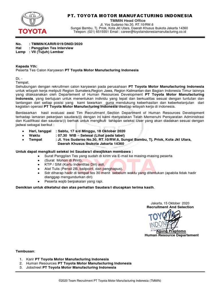 Lampiran Undangan Interview PT Toyota Motor Manufacturing Indonesia ...