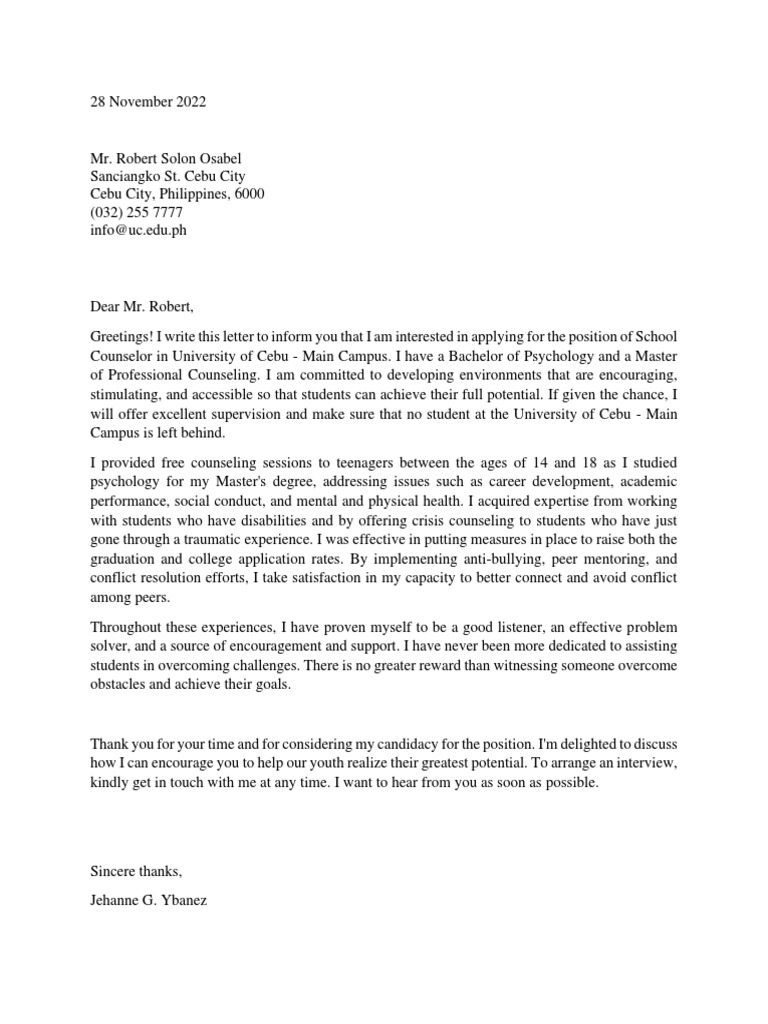 Guidance Counselor Application Letter | PDF