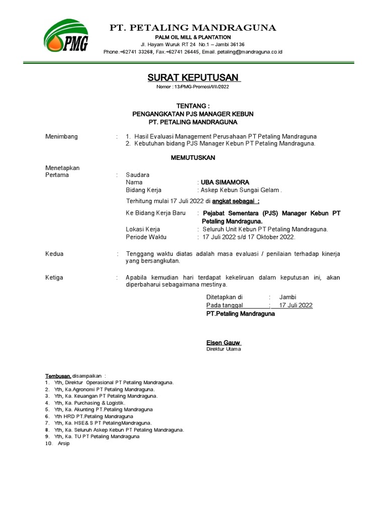 Surat Keputusan Pengangkatan Jabatan Pak Rahmadi Sebagai Manager | PDF