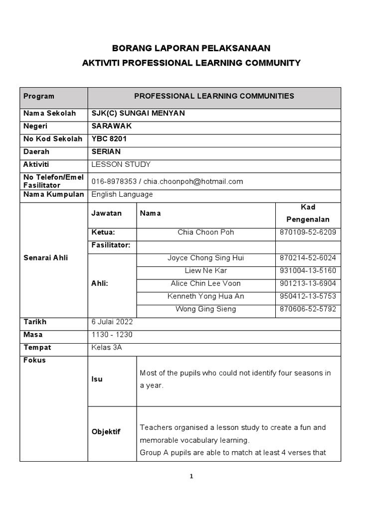 Borang Laporan PLC BI 2 | PDF | Learning Methods | Behavior Modification