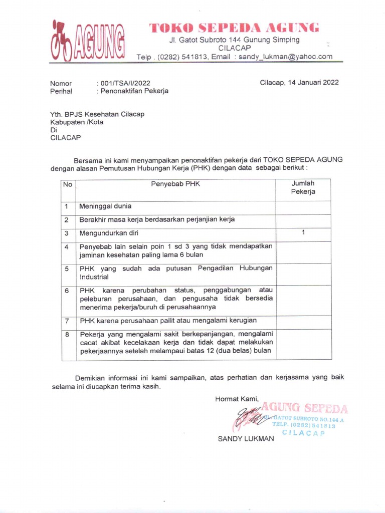 Surat Penonaktifan Pekerja BPJS Kesehatan - Yono | PDF