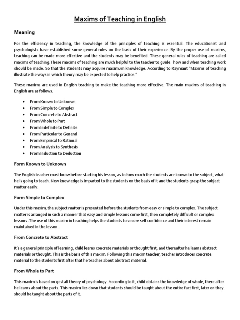 Maxims of Teaching in English | PDF | Teachers | Knowledge