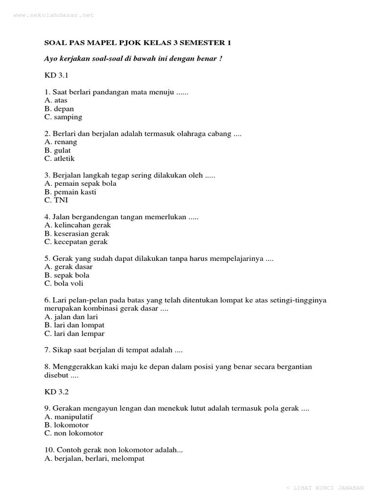 Soal Pas Mapel Pjok Kelas 3 Semester 1 | PDF