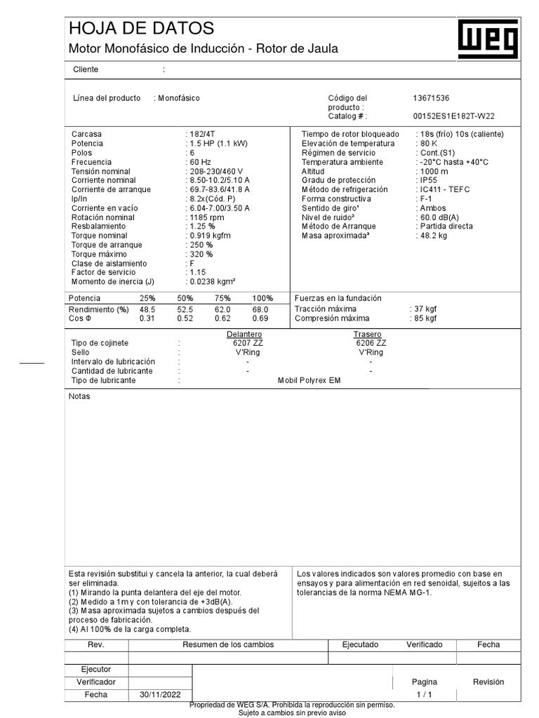 Hoja de Datos: Motor Monofásico de Inducción - Rotor de Jaula | PDF | Tecnología de vehículos ...