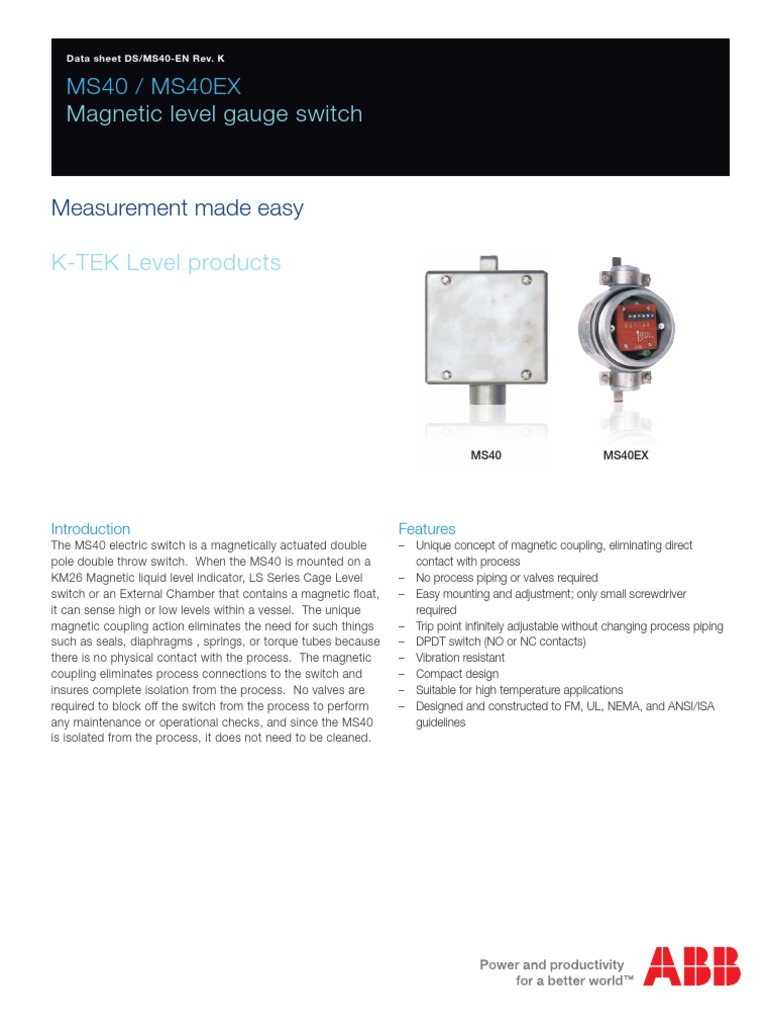 MS40 / MS40EX: Magnetic Level Gauge Switch | PDF | Switch | Valve