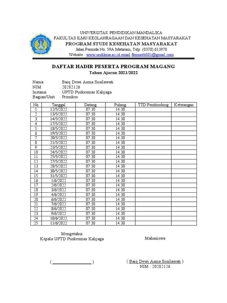 Daftar Absensi Dan Penilaian Aktivitas Mahasiswa Selama Magang | PDF