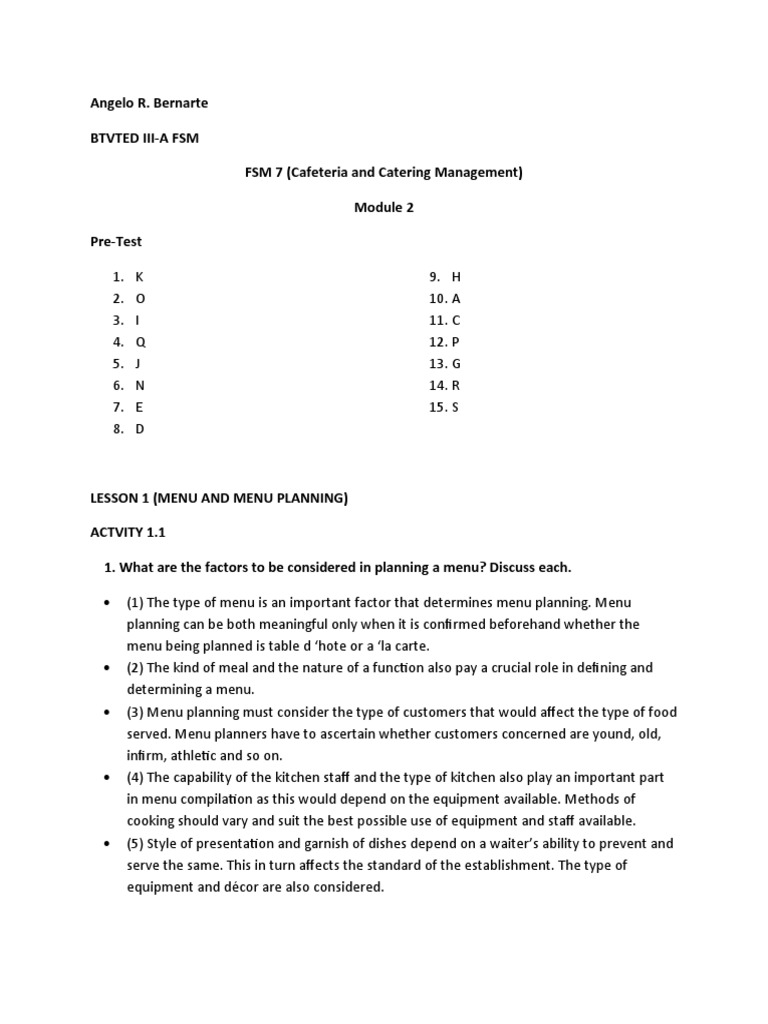 FSM 7 Module 2 | PDF | Menu | Food And Drink