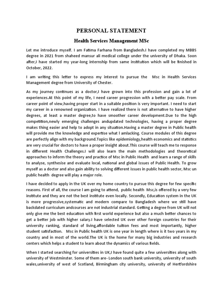 SOP Health Services Management MSC | PDF | University | Master's Degree