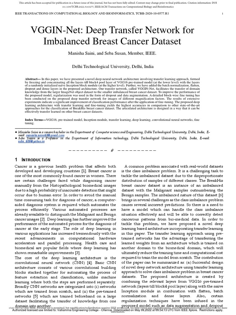 VGGIN-Net Deep Transfer Network For Imbalanced Breast Cancer Dataset ... VGGIN-Net Deep Transfer Network For Imbalanced Breast Cancer Dataset ...