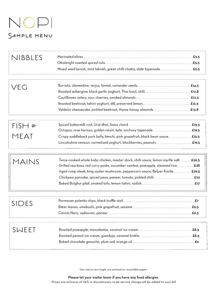 Sample menu with nibbles, veg, fish & meat dishes under £20 | PDF ...