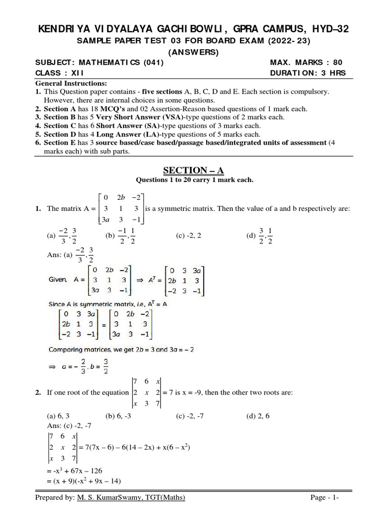 Maths Class Xii Sample Paper Test 03 For Board Exam 2023 Answers | PDF ...