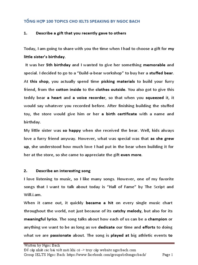 Tong Hop 100 Topics Cho Ielts Speaking by Ngocbach 2 | Download Free ...