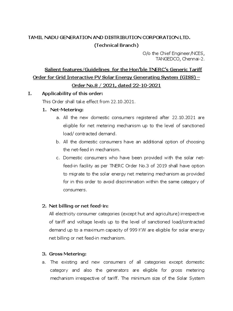 Solar PV Grid Interactive Guidelines-TANGEDCO-2021 | PDF