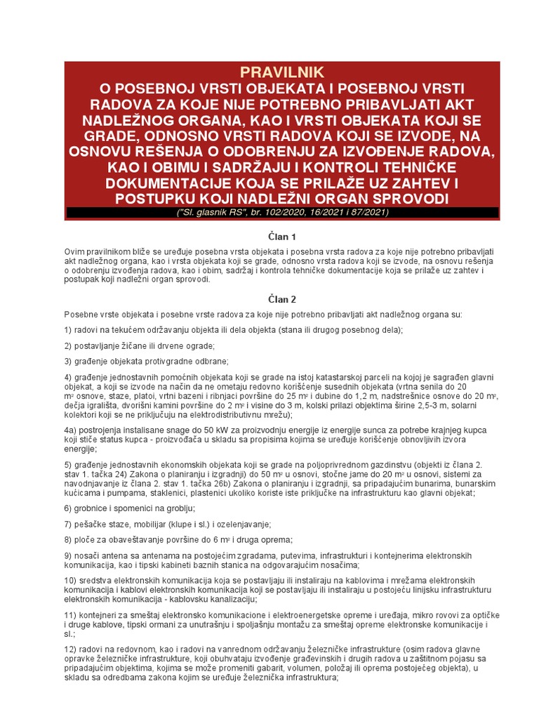 Pravilnik o Posebnoj Vrsti Objekata I Radova Za Koje Nije Potrebno ...