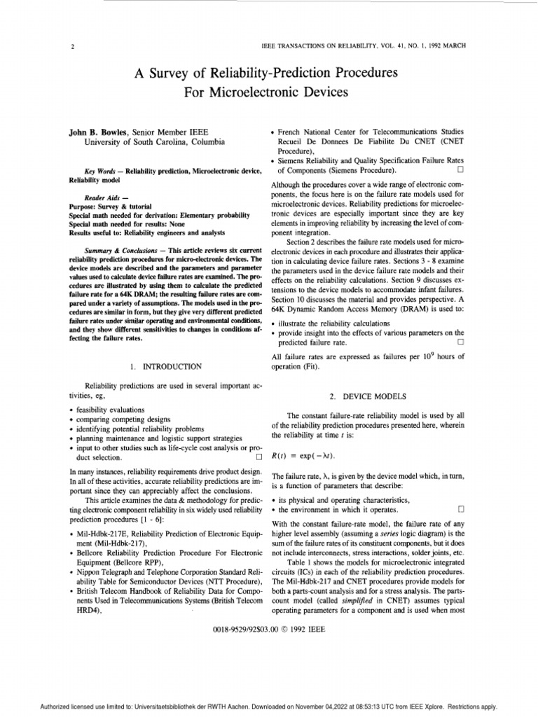 A Survey of Reliability-Prediction Procedures For Microelectronic Devices | Download Free PDF ...
