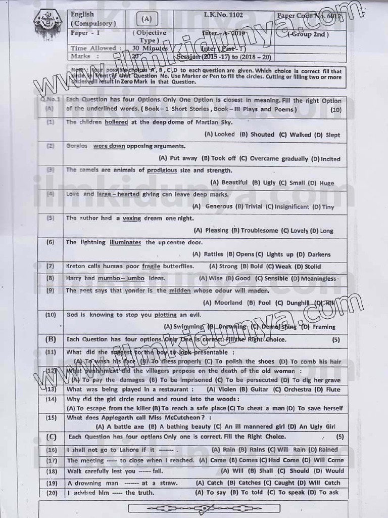 Past Paper 2019 Bahawalpure Board Inter Part 1 English Compulsory ...
