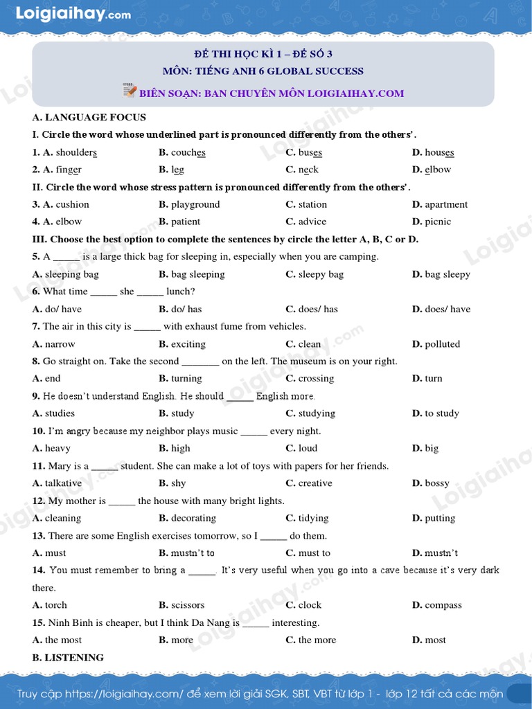 De Thi Hoc Ki 1 Tieng Anh 6 Global Success de So 3 1667892380 | PDF