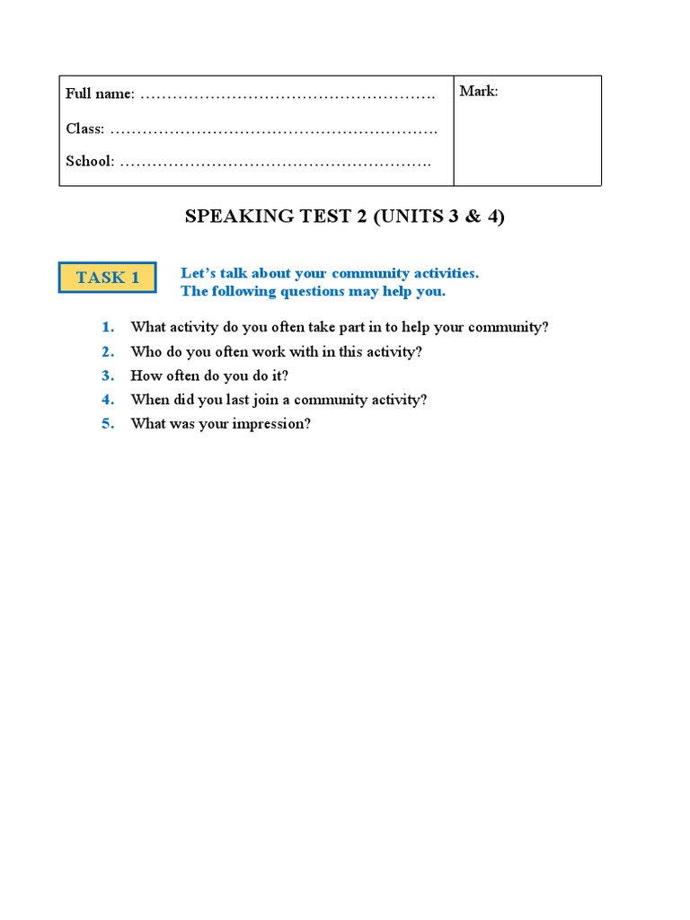 Speaking Test 2 (Units 3 & 4) | PDF