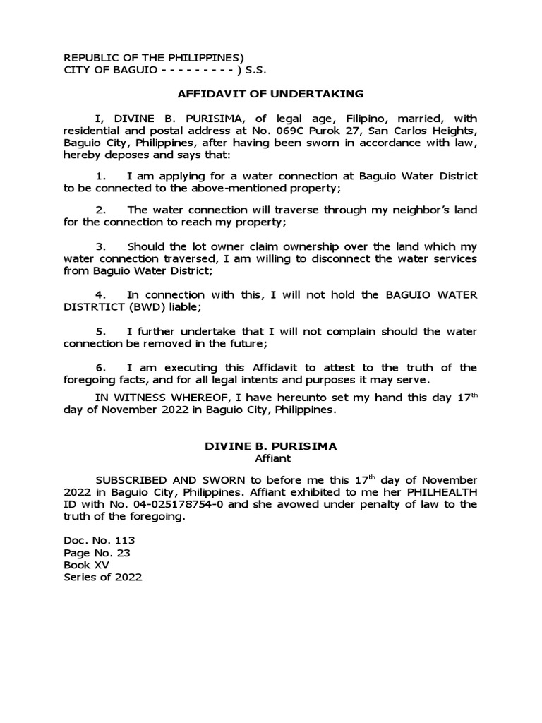 Affidavit of Undertaking for Water Connection | PDF