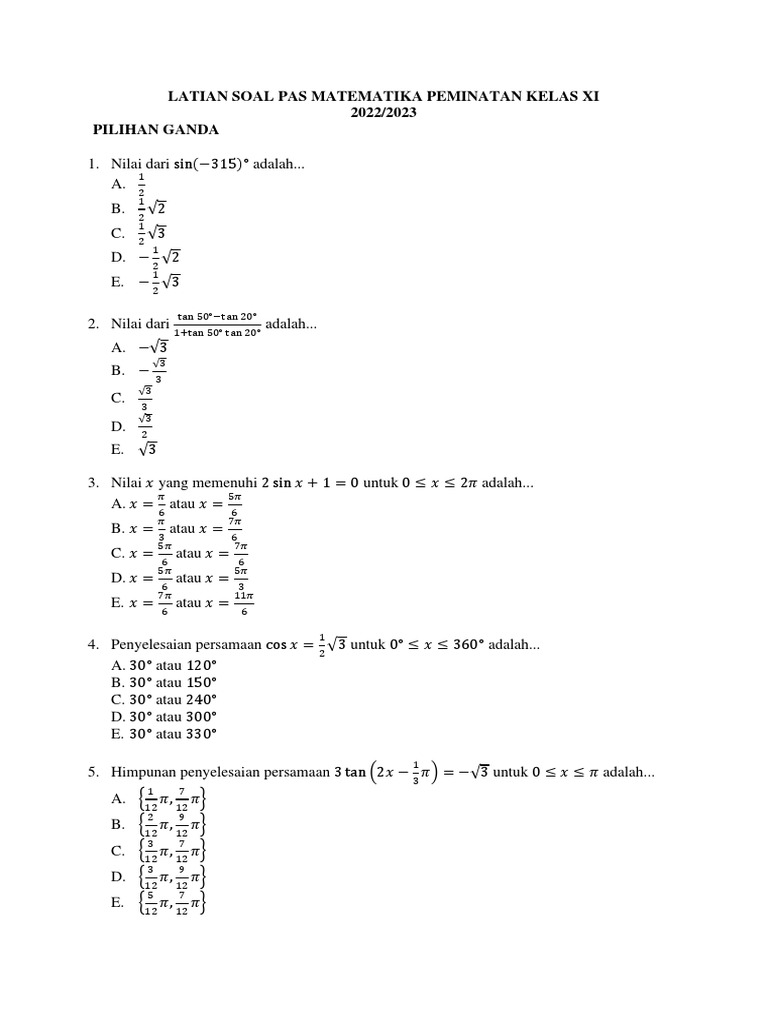 Latihan Soal Persiapan Pas Ganjil Mat Minat Xi 2022-2023 | PDF