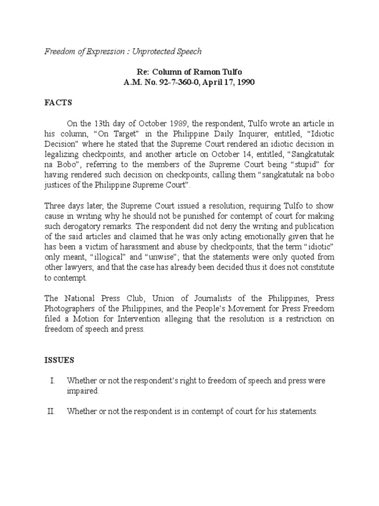 Re - Column of Ramon Tulfo A.M. No. 92-7-360-0 | PDF | Contempt Of ...