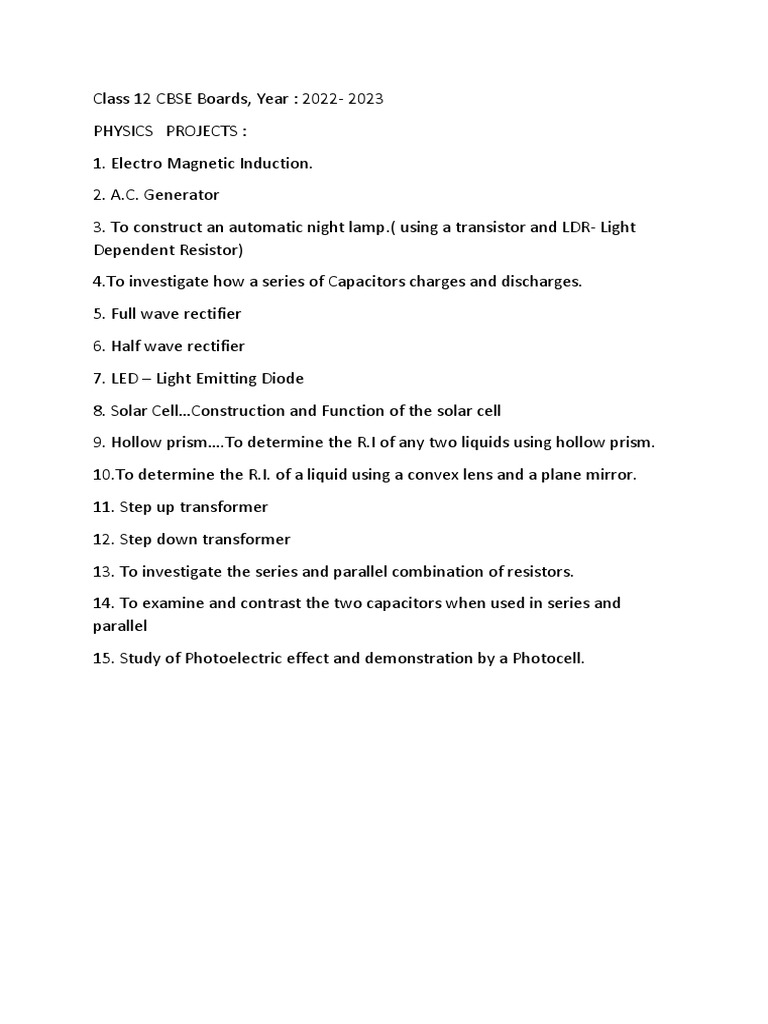 Class 12 Physics Project Ideas | PDF