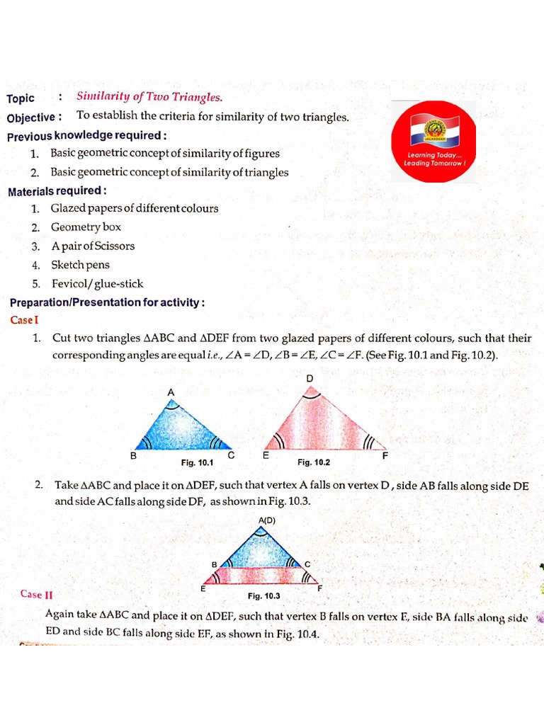 Grade-X, Maths, Activity-IV, Similarity of Two Triangles | PDF