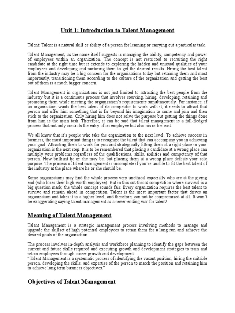 Unit 1 - Introduction To Talent Management | PDF | Employee Retention ...