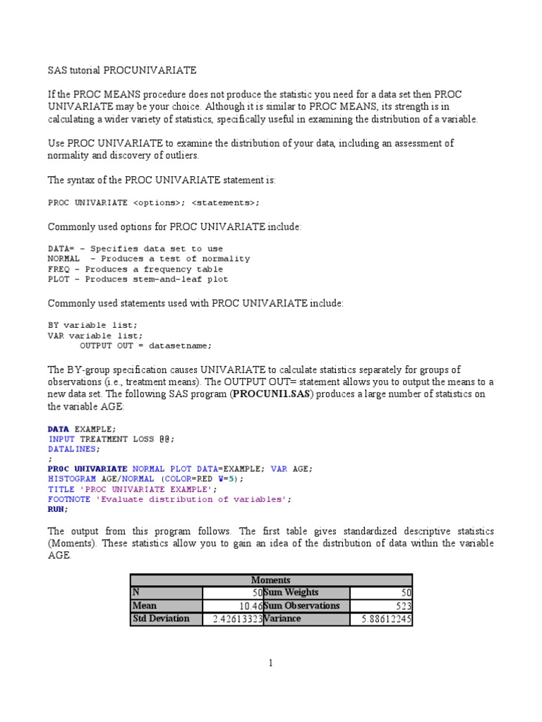 Sas Tutorial Procunivariate | PDF | Normal Distribution | Mean