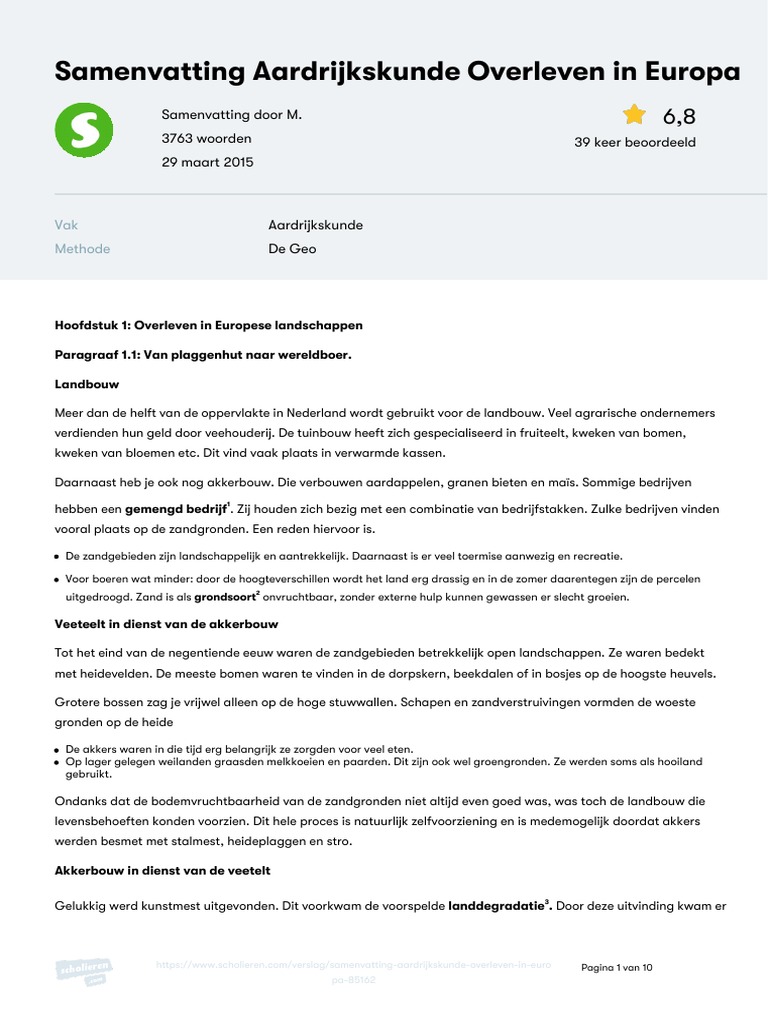 Samenvatting Aardrijkskunde Overleven in Europa | PDF