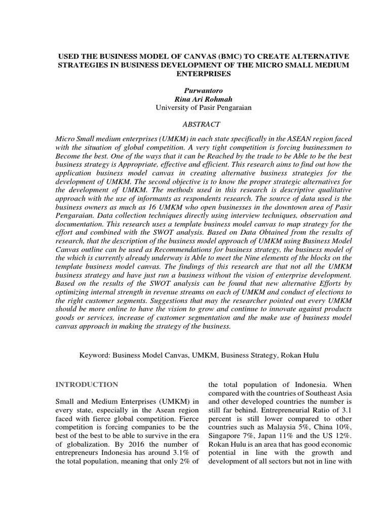 Used The Business Model of Canvas (BMC) To Create Alternative Strategies in Business Development ...
