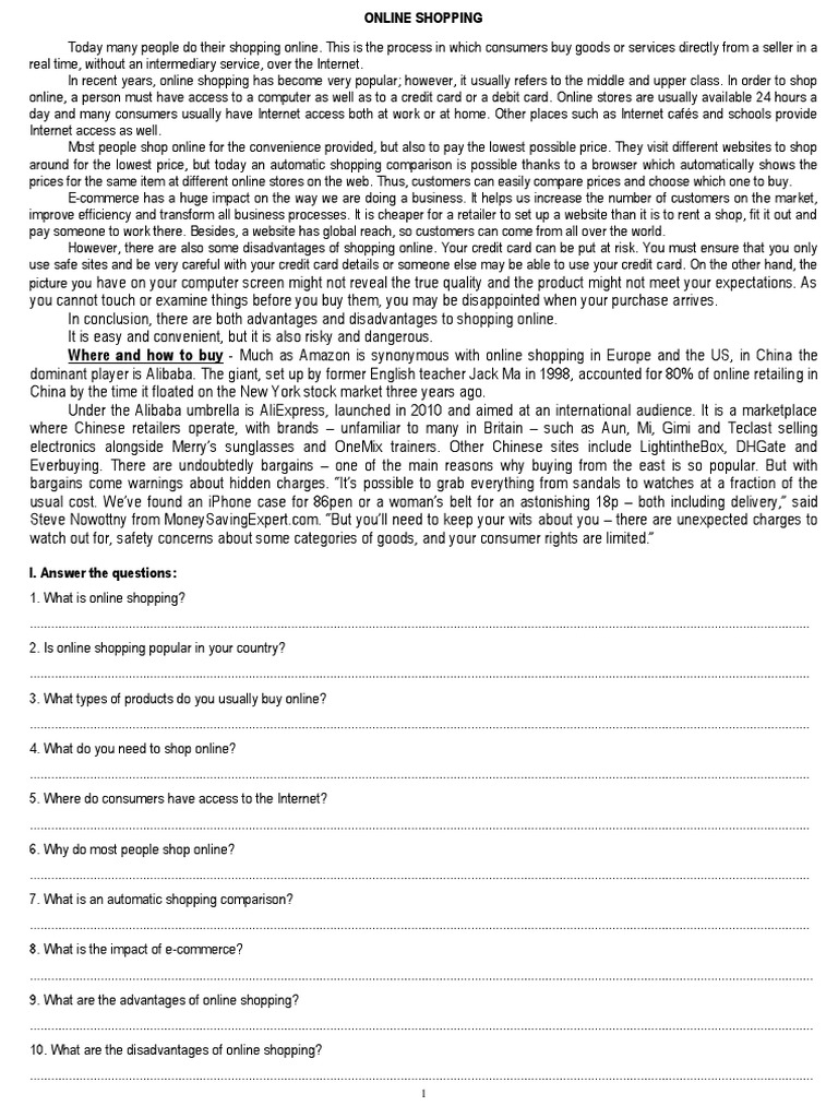 Worksheet 1 - Online Shopping | PDF | Online Shopping | Business